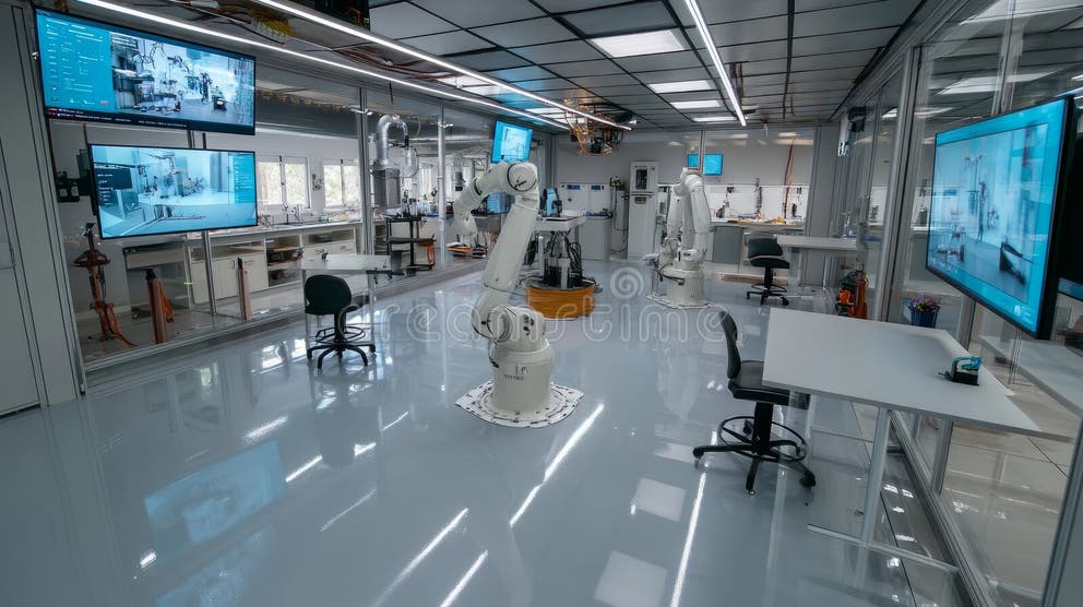 High-tech Laboratory with Floating Digital Screens, Robotic Assistants ...