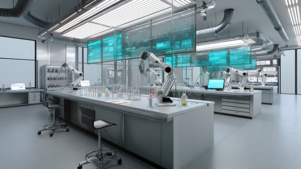 High-tech Laboratory with Floating Digital Screens, Robotic Assistants ...