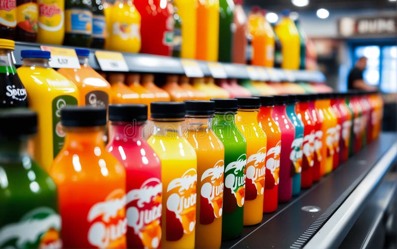 Bright and Varied Freshly Squeezed Juice Packed in Plastic Bottles in ...