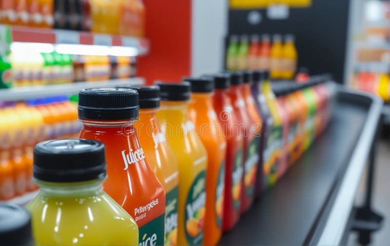 Bright and Varied Freshly Squeezed Juice Packed in Plastic Bottles in ...