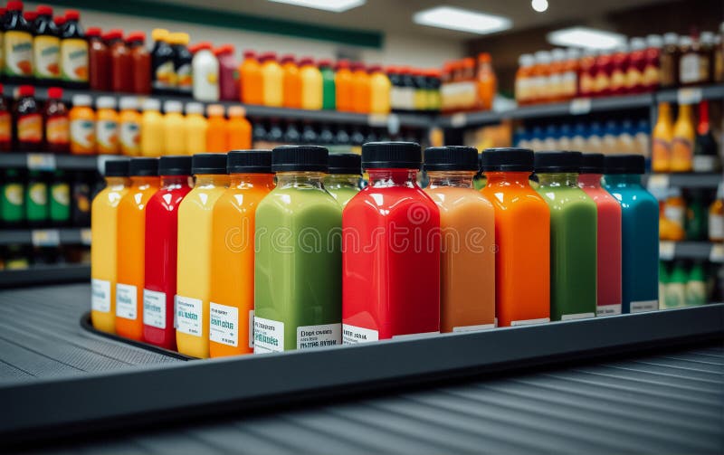 Bright and Varied Freshly Squeezed Juice Packed in Plastic Bottles in ...
