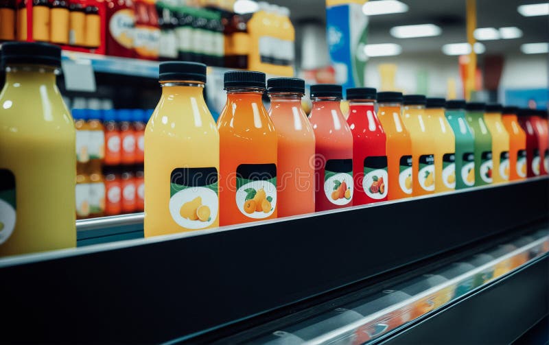 Bright and Varied Freshly Squeezed Juice Packed in Plastic Bottles in ...