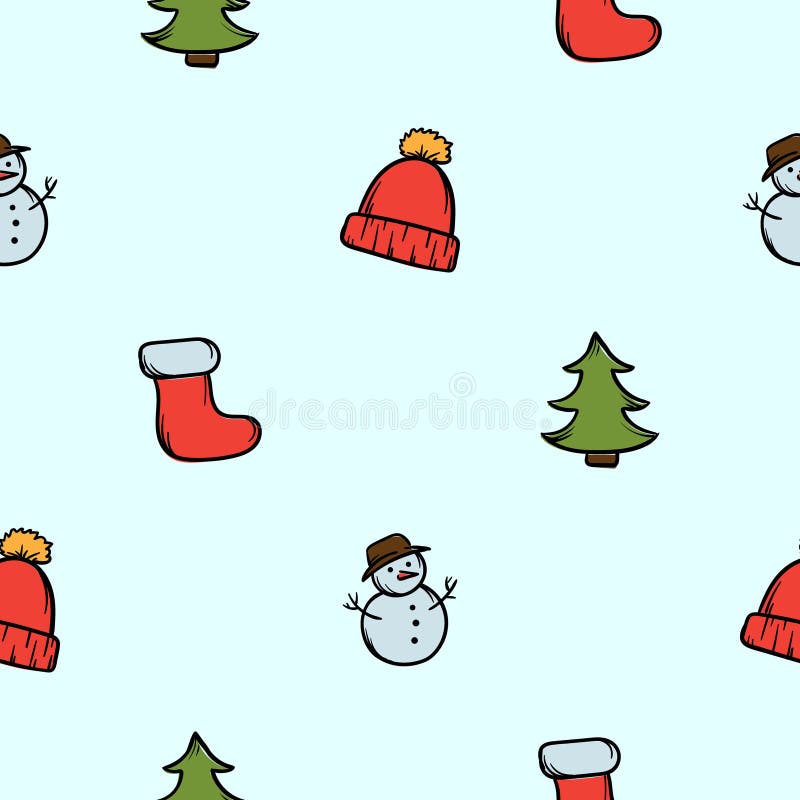 Bright Vector Hand Drawn New Year Pattern with Christmas Tree, Snowman ...