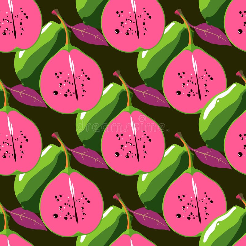 Bright Vector Seamless Pattern with Guava Plants on Dark Green ...