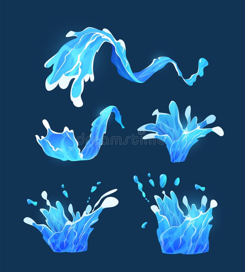 Bright Vector Set Illustrating Splashes and Movement of Blue Water Flow ...