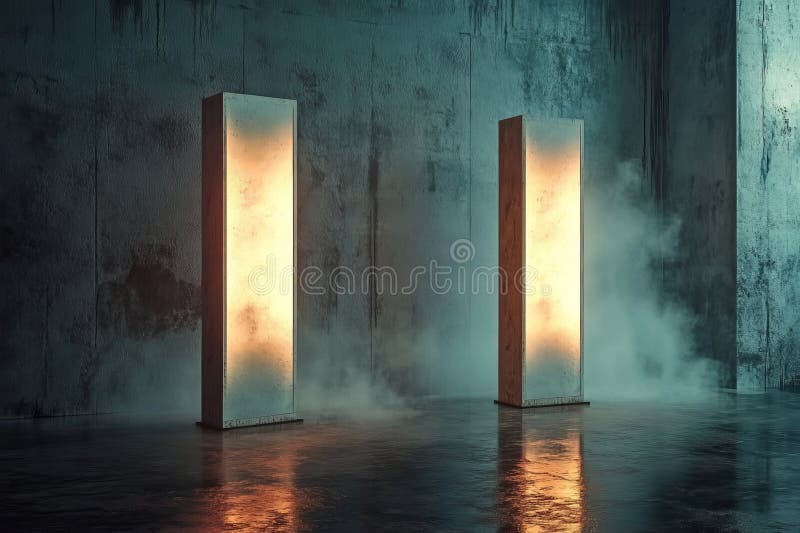 Bright Vertical Blank Screens in a Dark, Modern Exhibition Hall with ...