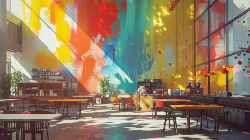 Vibrant Artistic Cafe Interior with Colorful Mural Stock Photo - Image ...