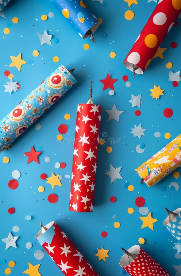 Colorful Festive Confetti and Party Poppers on a Blue Background Stock ...
