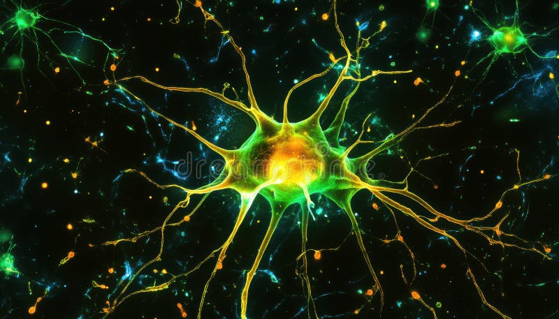 Colorful Neuron Illuminated Under a Microscope Showcasing Intricate ...