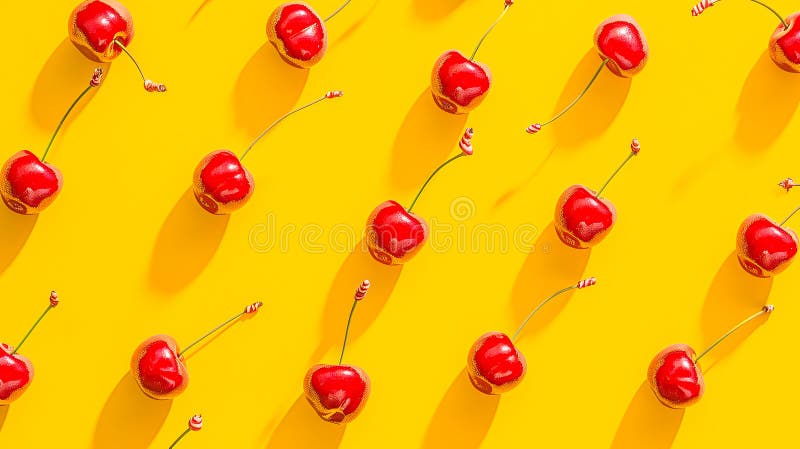 Bright Vibrant Red Cherries on Yellow Background. Top View. Summer ... Bright Vibrant Red Cherries on Yellow Background. Top View. Summer ...