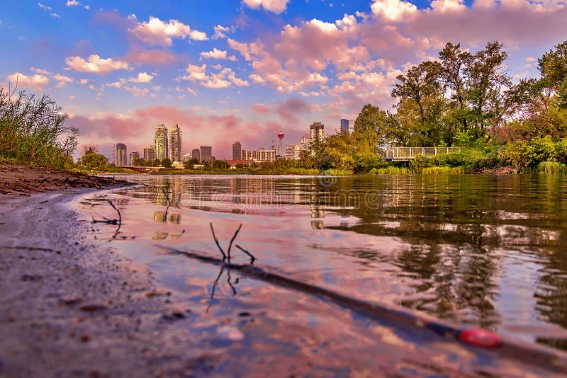 Fluffy Clouds Over the Downtown Calgary Bow River Stock Image - Image ...
