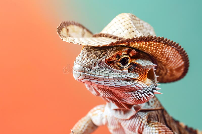 A Bright, Vividly Colored Lizard in a Cowboy Hat, Set Against a Bold ...