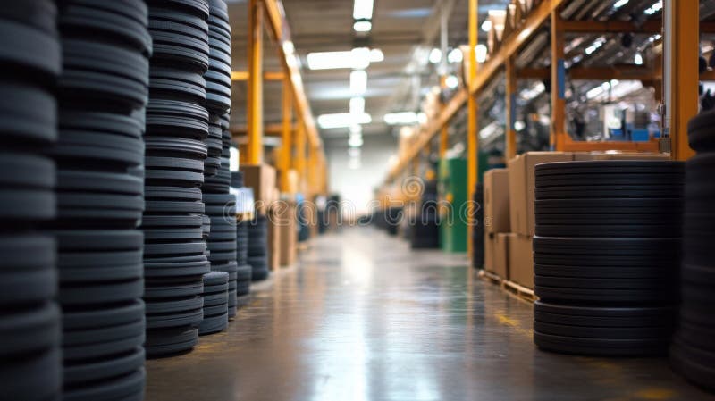 Bright Warehouse Interior with Stacks of Black Circular Objects AI ...