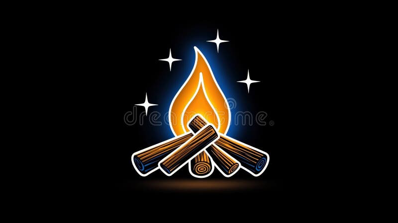 Bright and Warm Campfire Flame with Logs and Shining Stars on Black ...