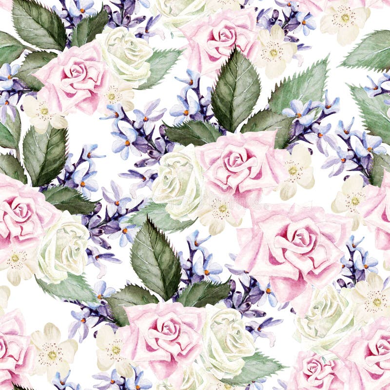 Bright Watercolor Seamless Pattern with Flowers Roses, Lavender. Stock ...