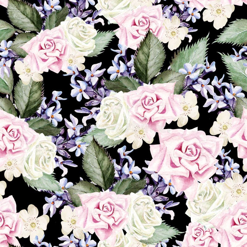 Bright Watercolor Seamless Pattern with Flowers Roses, Lavender. Stock ...