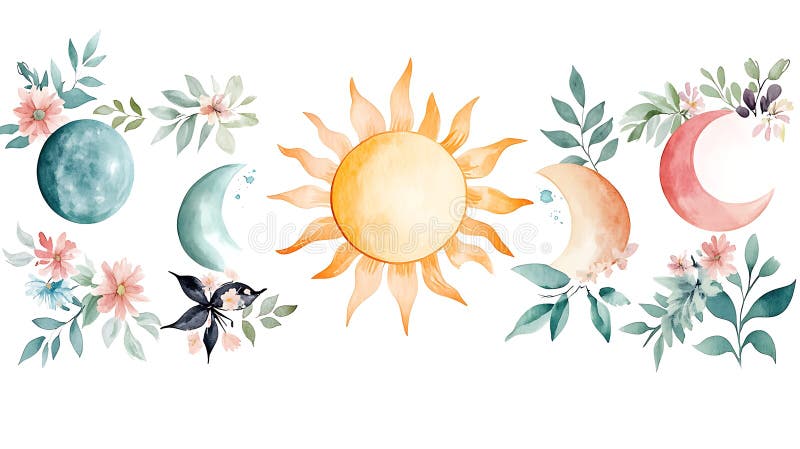 Bright Watercolor Sun and Moon Phases Surrounded by Floral Elements ...