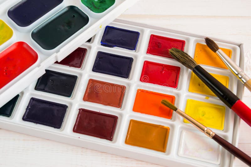 Bright Watercolor in a White Box with Brushes Stock Image - Image of ...