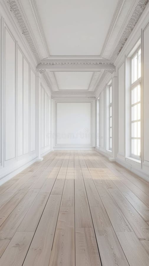 Bright White Classical Room with Large Windows and Detailed Molding ...
