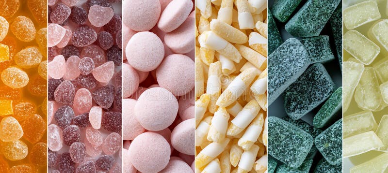 Bright White Collage of Candy Products Divided with Vertical Lines ...