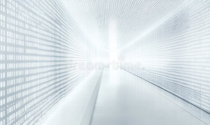 Bright White Corridor Filled with Binary Code on Walls Creating a Sci ...