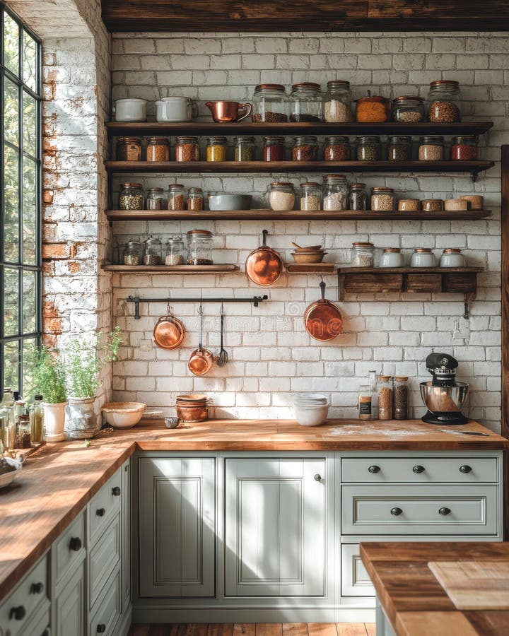 Bright White Kitchen with Copper and Cluttercore Style Stock Photo ...