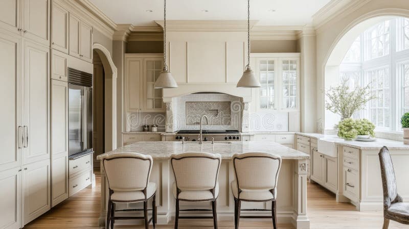 Bright White Kitchen Interior Design with Granite Countertops Stock ...