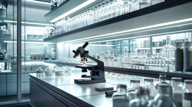 Bright White Light Highlights a Black Microscope As Glassware and ...