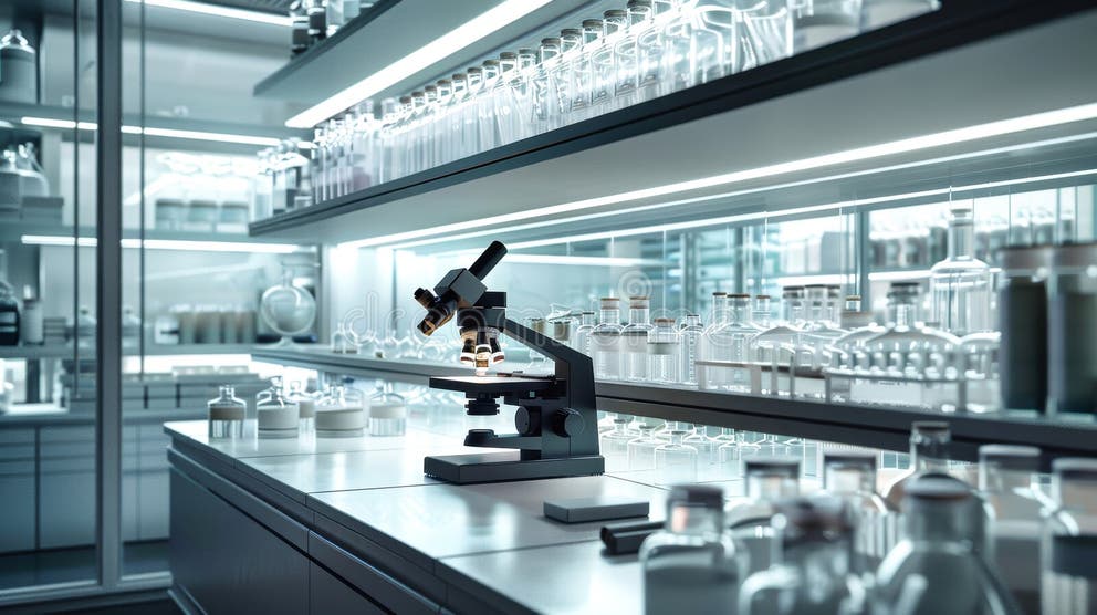 Bright White Light Highlights a Black Microscope As Glassware and ...