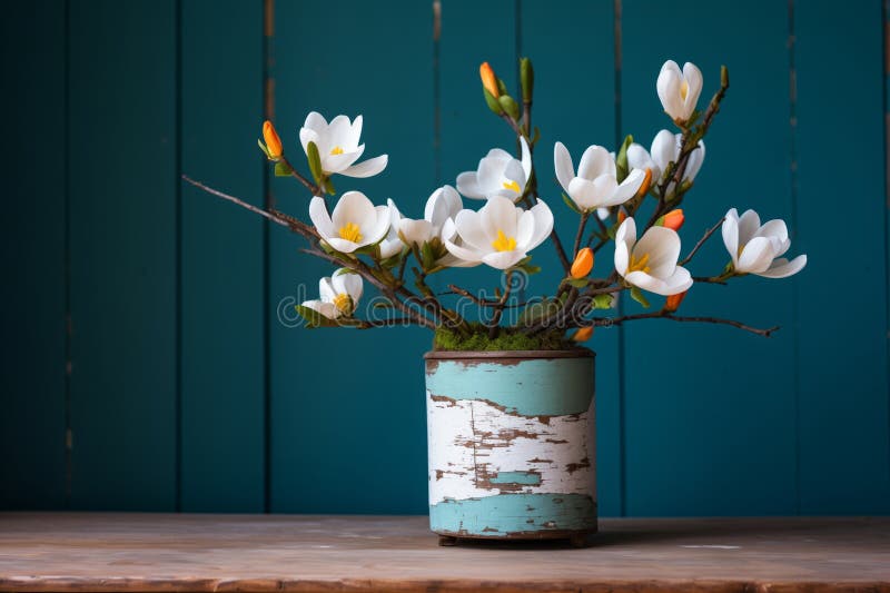 Bright White Magnolia Blooms in a Rustic Pot Stock Photo - Image of ...