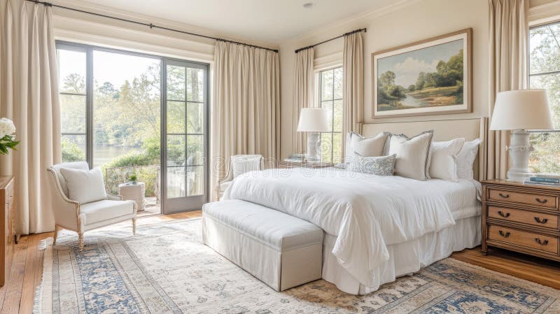 Bright White Master Bedroom with Natural Light and Elegant Decor Stock ...