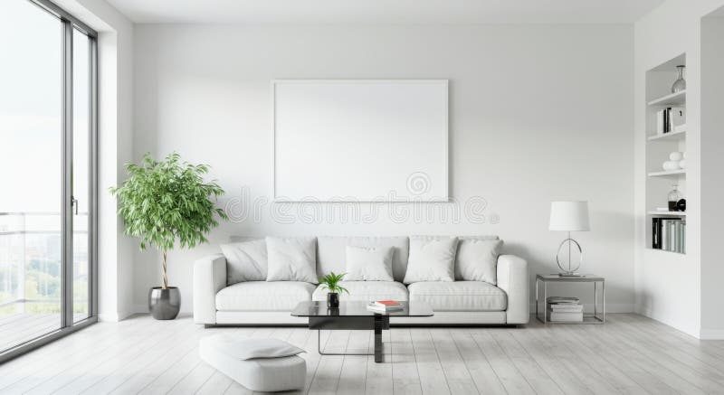 Bright White Minimalist Living Room Interior Stock Image - Image of ...
