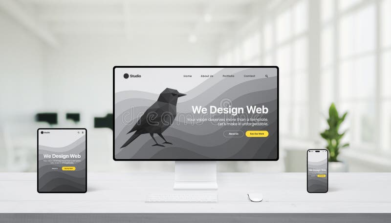 Bright White Office with Desktop, Tablet, and Phone Showing Responsive ...