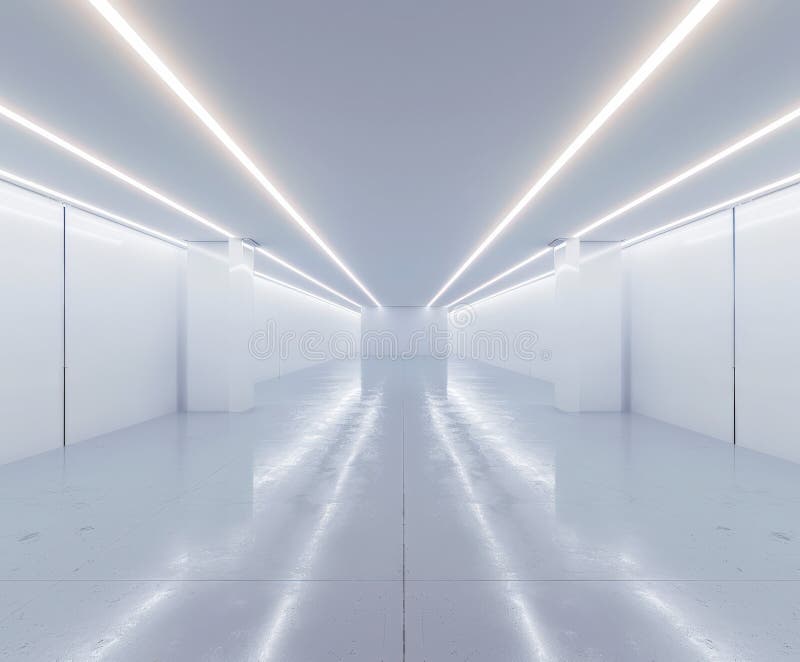 Bright White Room with Glowing Lights and Reflective Floor Stock ...
