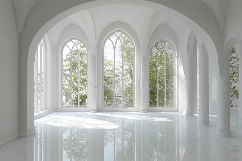Bright White Room Interior with Large Arch Windows Stock Illustration ...