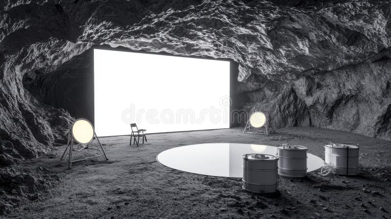 Bright White Screen in Dark Cave Interior with Reflective Pool Stock ...