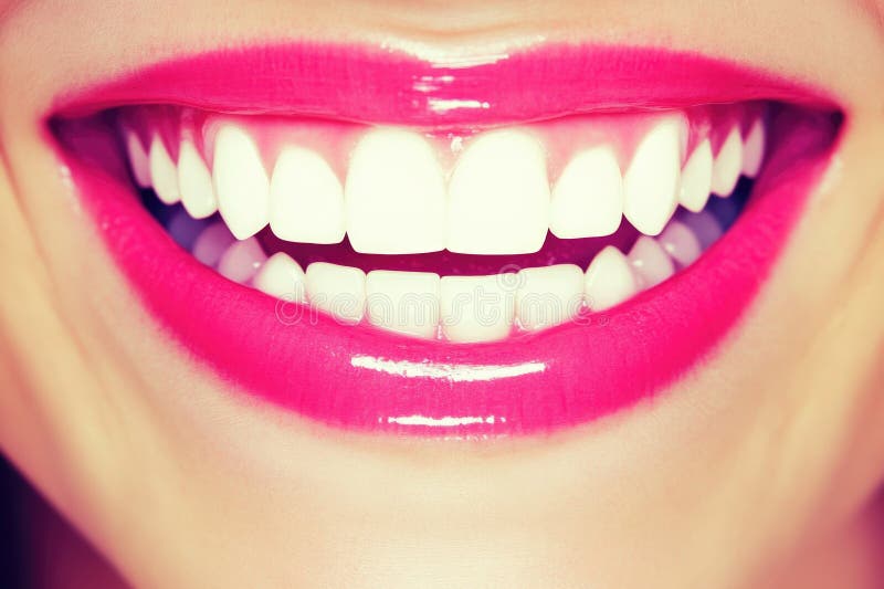 Bright White Smile with Glossy Pink Lips Close-up Stock Image - Image ...