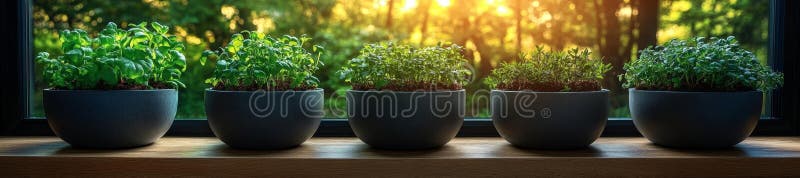 Bright Window Display of Hydroponic Herb Pots Stock Illustration ...
