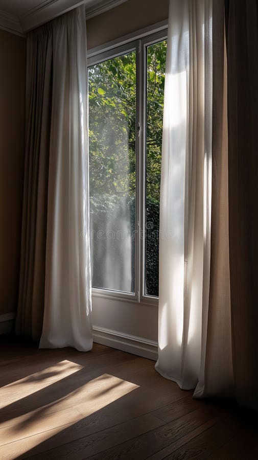 Sunlight Streams through a Window with Curtains on Wooden Floor. Stock ...