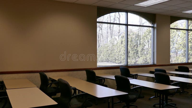 Bright Windows in Empty Classroom with Tables and Chairs Stock Video - Video of chairs ...