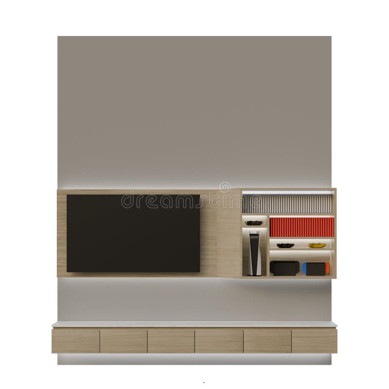 Bright Wood TV Table Set Front View 3D Rendering Illustration Stock ...