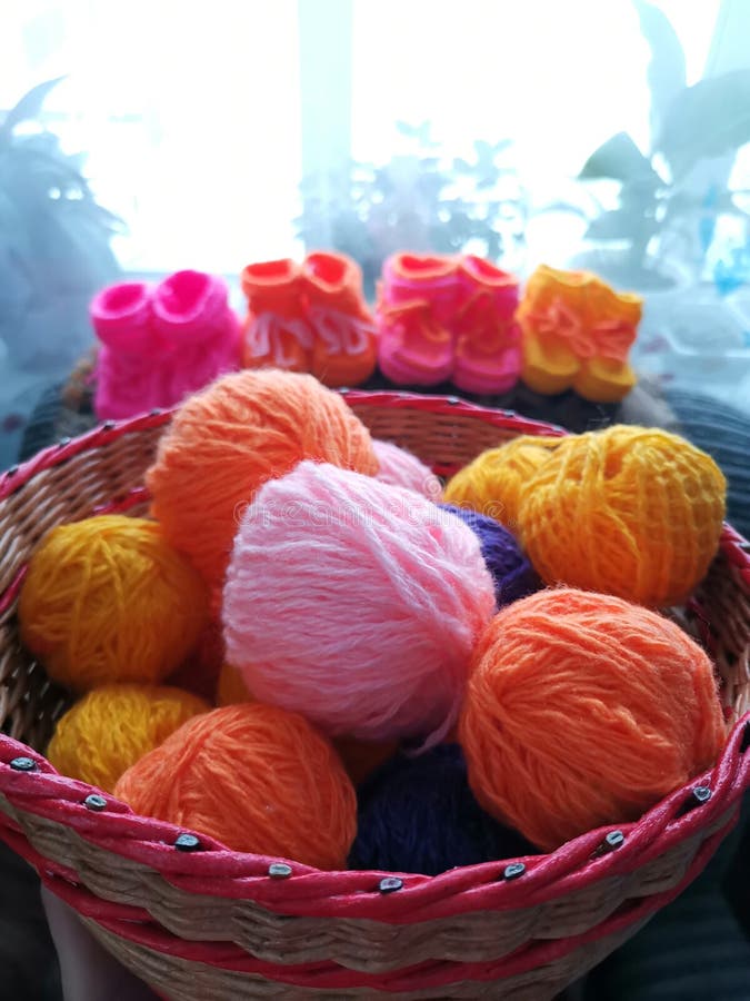 Bright Wool Threads for Knitting in a Wicker Basket Stock Image - Image ...