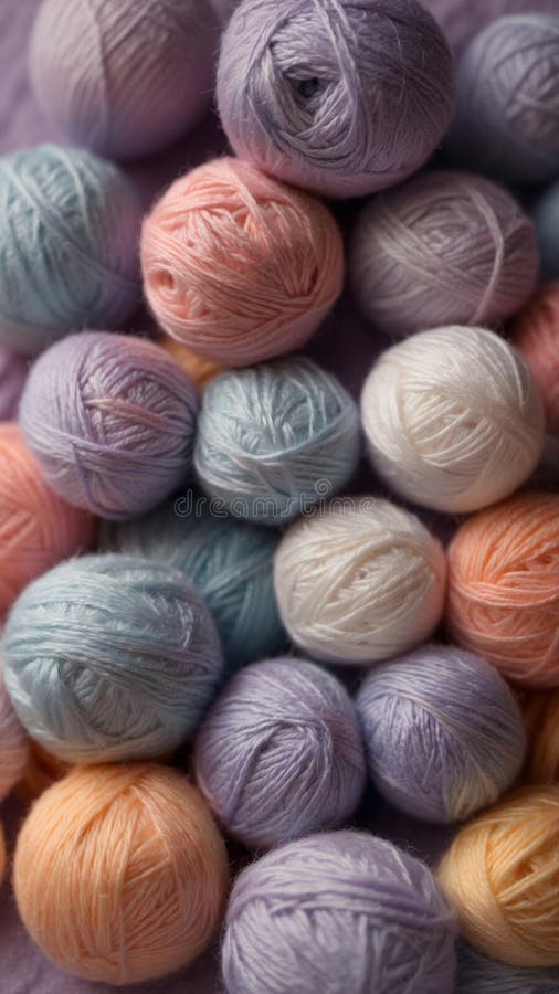 Bright Wool Yarn Balls Arranged on a Pastel Lavender Background. Stock ...