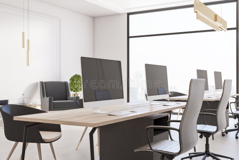 Bright Workplace with Many Computers Stock Illustration - Illustration ...