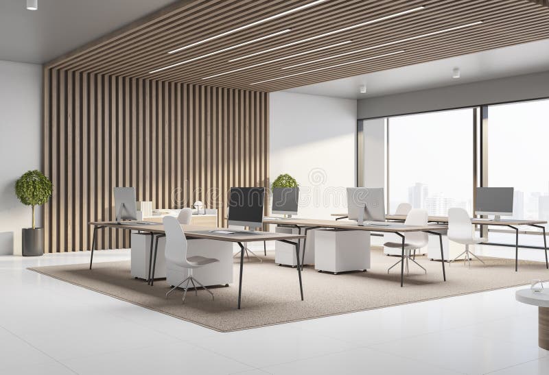 Bright Workplace with Many Computers Stock Illustration - Illustration ...