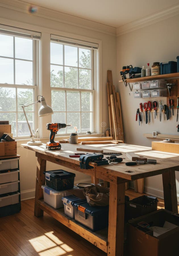 Bright Workshop Interior with Wooden Workbench and Tools Stock Illustration - Illustration of ...