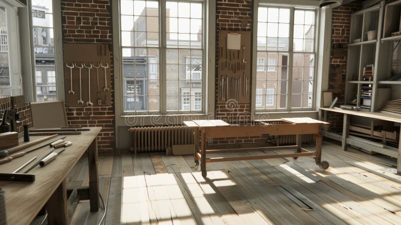 A Bright Workshop Space with Large Windows, Wooden Workbenches, and ...