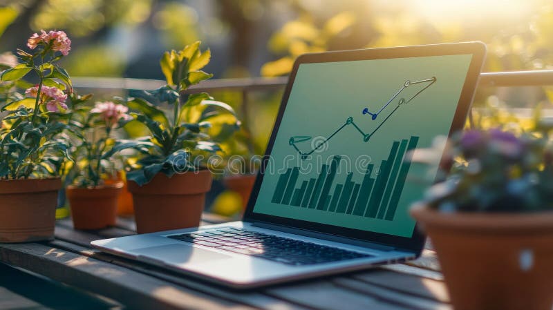 A Bright Workspace Features a Laptop Displaying a Growth Chart ...