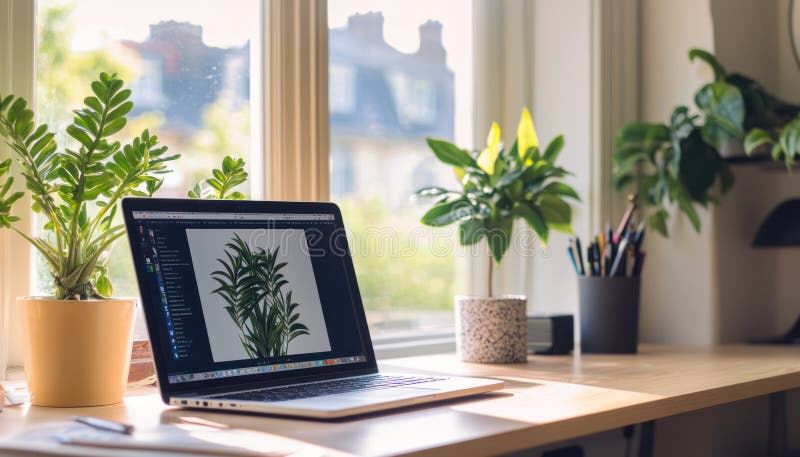 Bright Workspace Featuring Laptop, Plants, and Natural Light Creates ...