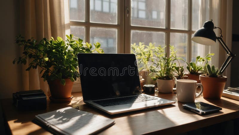 Bright Workspace with Laptop, Cell Phone, and Plants, Person Working at ...